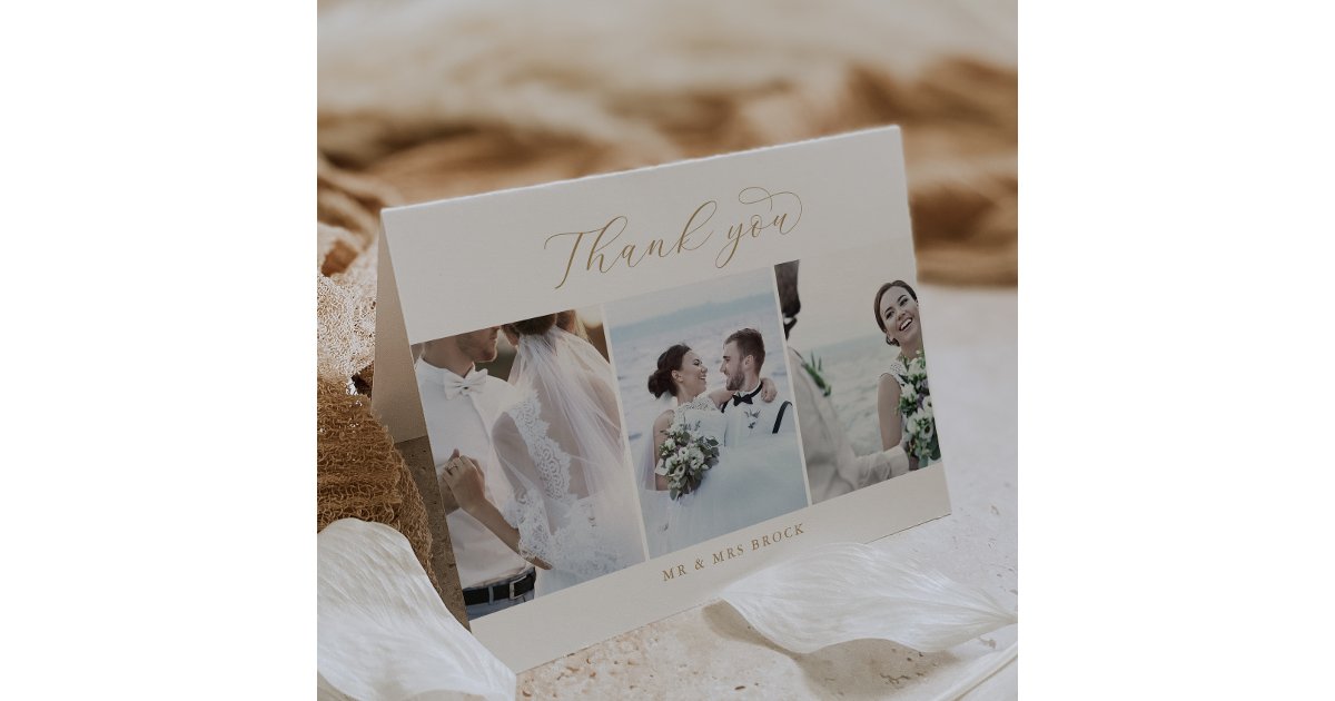 Elegant Gold 3 Photo Template Folded Thank You | Zazzle