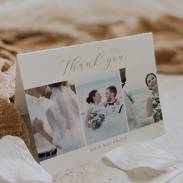 Elegant Gold 3 Photo Template Folded Thank You | Zazzle