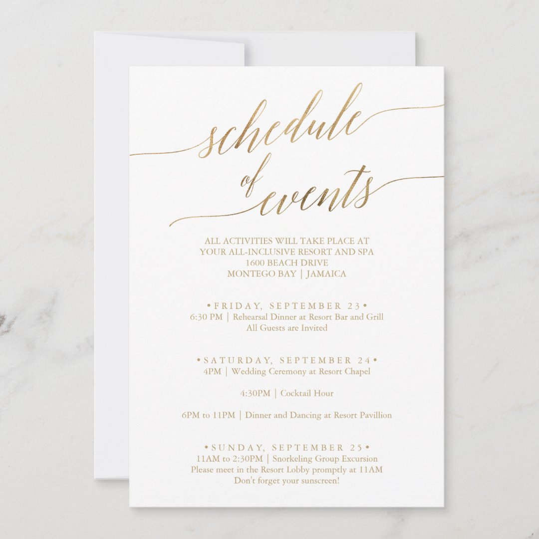 Elegant Gold 5x7" Wedding Schedule of Events Invitation | Zazzle