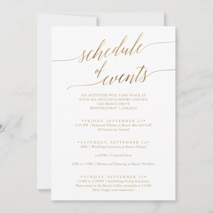Elegant Gold 5x7" Wedding Schedule of Events Invitation | Zazzle