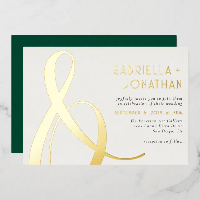 Elegant Gold Ampersand Emerald Green Cream Wedding Foil Invitation | Zazzle