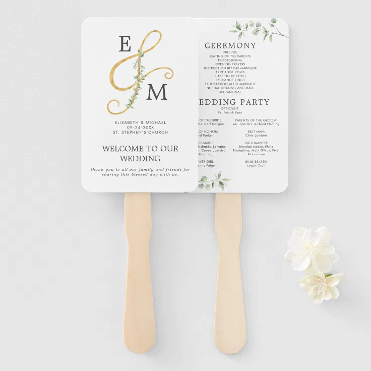Elegant Gold Ampersand Eucalyptus Wedding Program Hand Fan | Zazzle