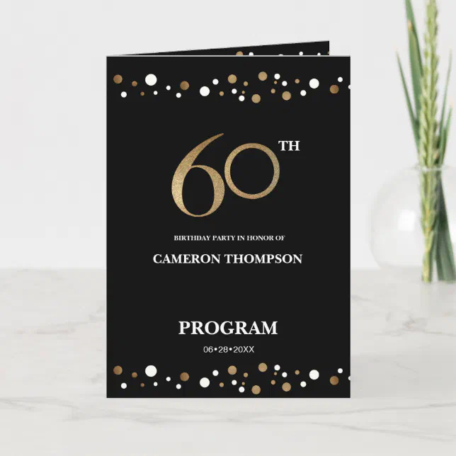 Elegant Gold and Black Confetti 60th birthday Program | Zazzle