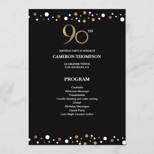 Elegant Gold and Black Confetti 90th birthday Program | Zazzle