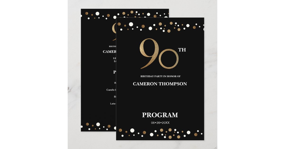 Elegant Gold and Black Confetti 90th birthday Program | Zazzle