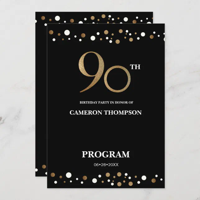 Elegant Gold and Black Confetti 90th birthday Program | Zazzle