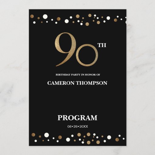 Elegant Gold and Black Confetti 90th birthday Program | Zazzle