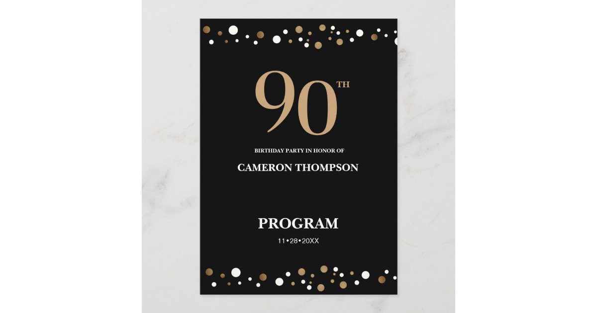Elegant Gold and Black Confetti 90th birthday Program | Zazzle