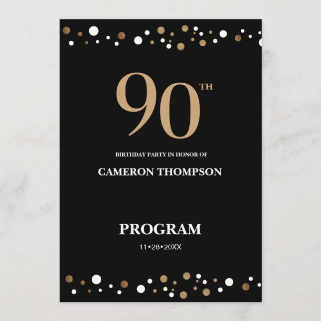 Elegant Gold and Black Confetti 90th birthday Program | Zazzle