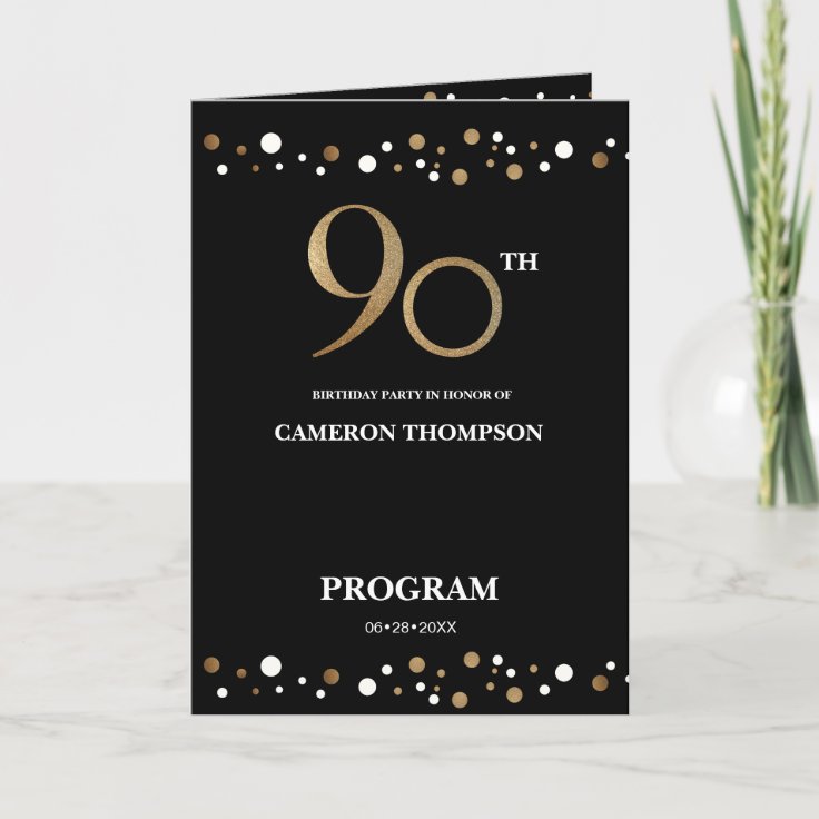 Elegant Gold and Black Confetti 90th birthday Program | Zazzle