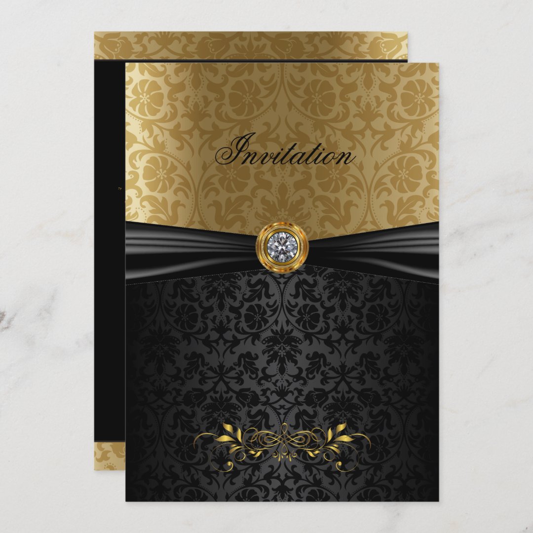 Elegant Gold and Black Damask Invitation | Zazzle