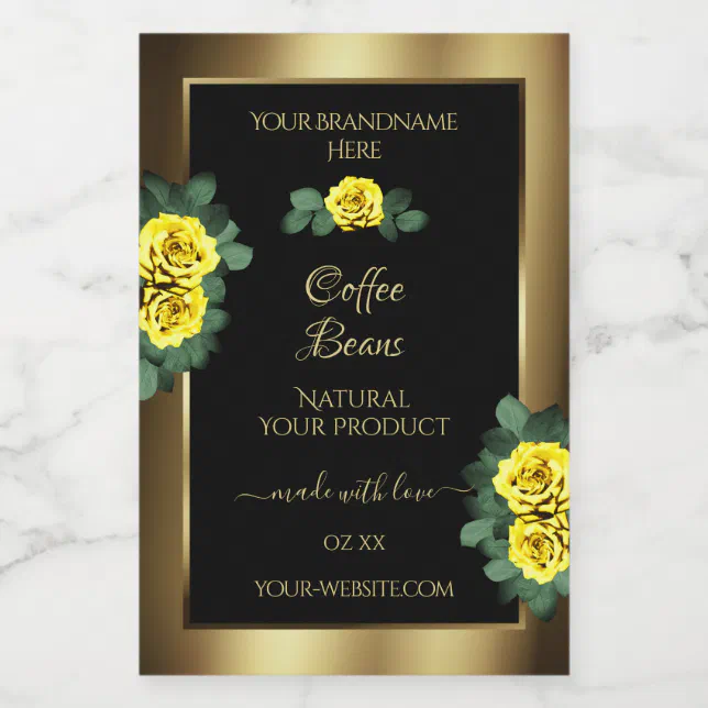 Elegant Gold and Black Product Labels Yellow Roses | Zazzle