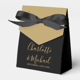 Elegant Gold And Black Script Wedding Favor Boxes | Zazzle