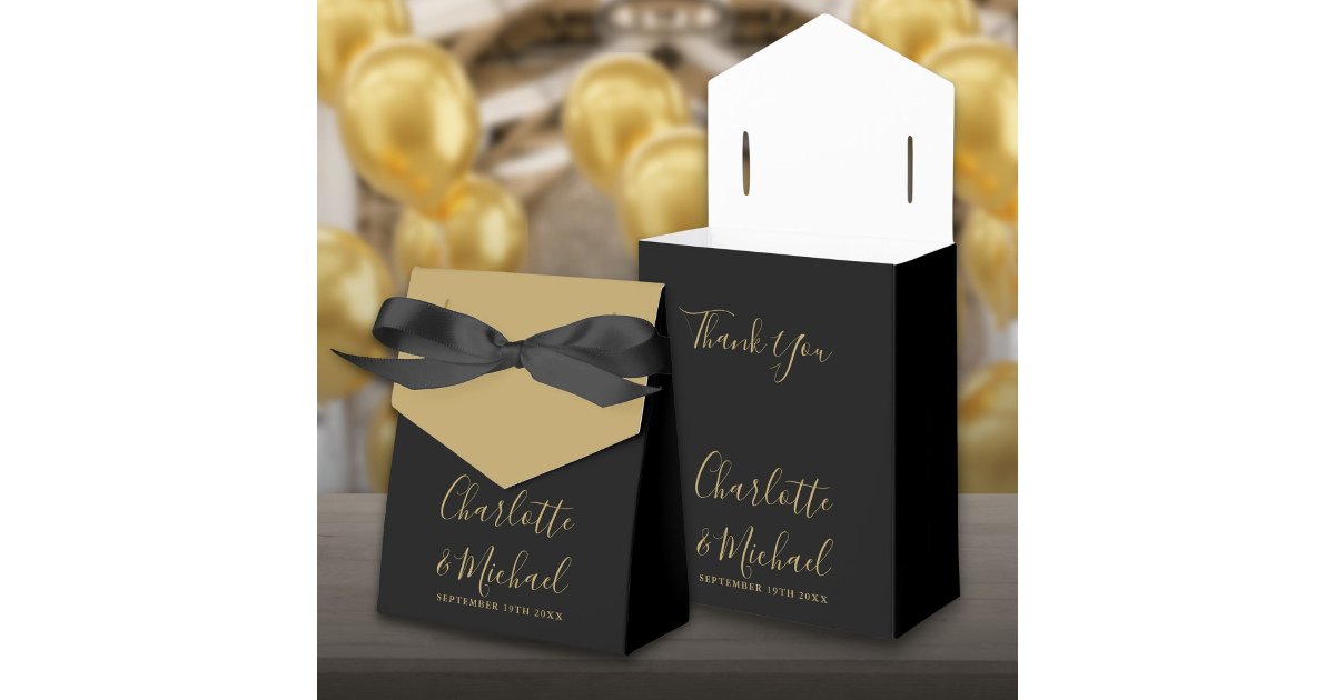 Elegant Gold And Black Script Wedding Favor Boxes | Zazzle