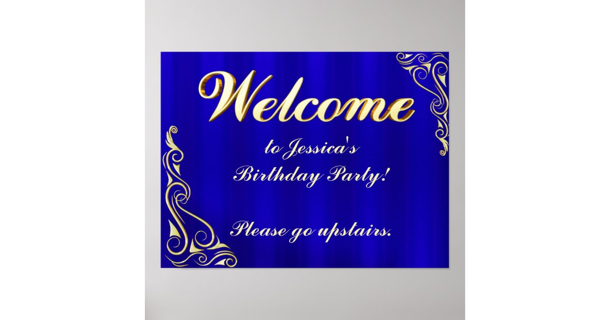 Elegant Gold and Blue Birthday Welcome Sign | Zazzle