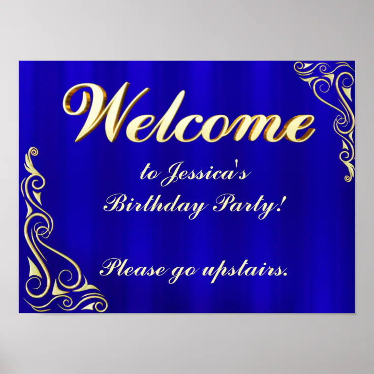 Elegant Gold and Blue Birthday Welcome Sign | Zazzle