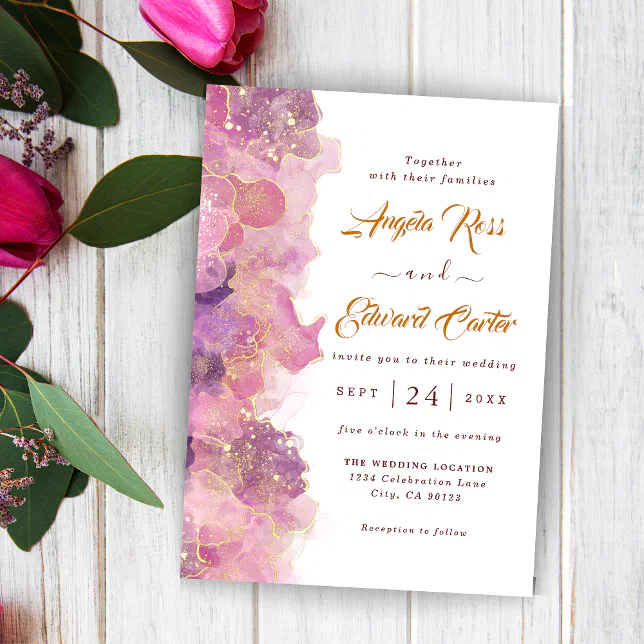 Elegant Gold And Magenta Wedding Invitation | Zazzle