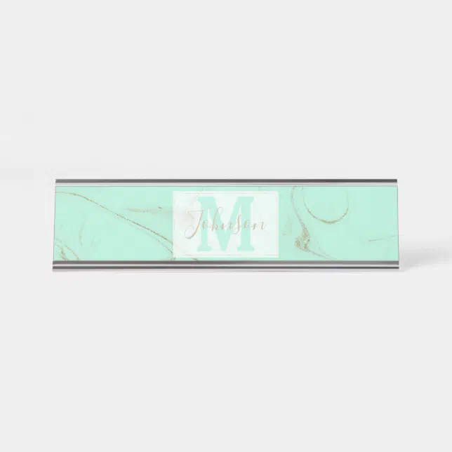Elegant gold and mint marble image desk name plate | Zazzle