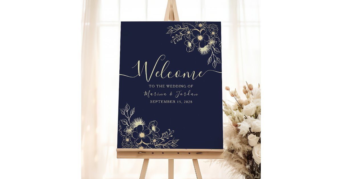 Elegant Gold and Navy Blue Wedding Welcome Sign | Zazzle