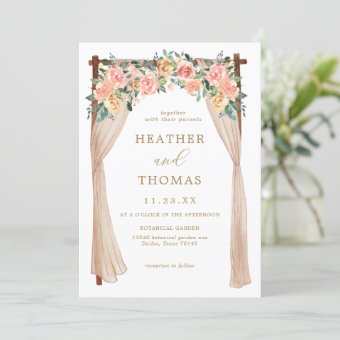 Elegant Gold and Peach Floral Arch Wedding Invitation | Zazzle