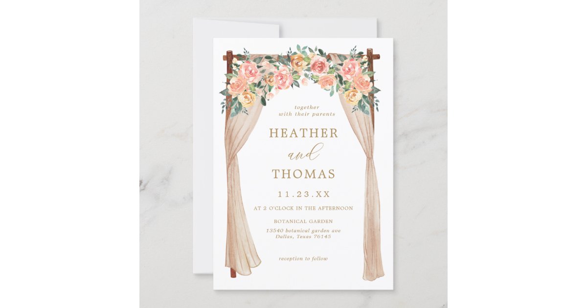 Elegant Gold and Peach Floral Arch Wedding Invitation | Zazzle