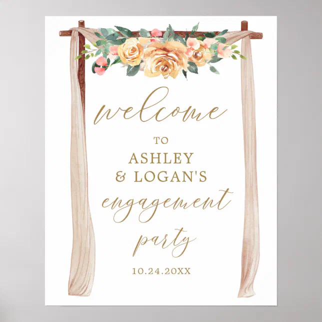Elegant Gold and Peach Floral Engagement Party Poster | Zazzle