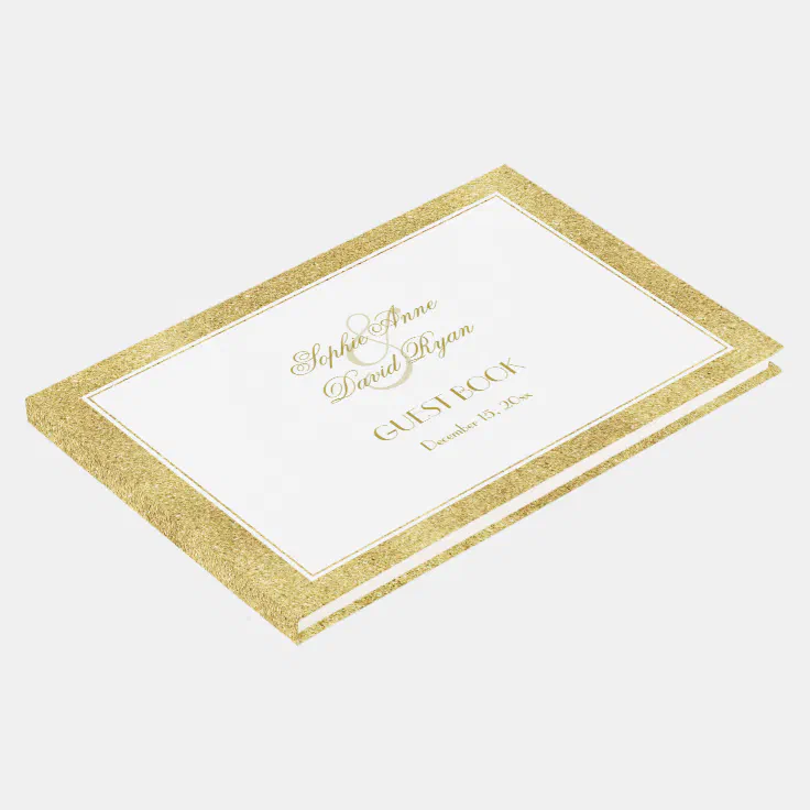Elegant Gold and White Border Wedding Guest Book | Zazzle