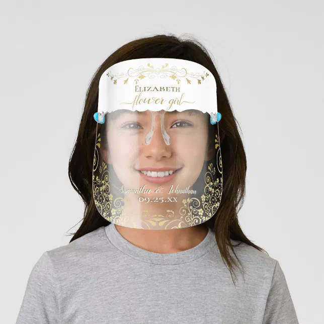 Elegant Gold and White Flower Girl Wedding Face Shield | Zazzle