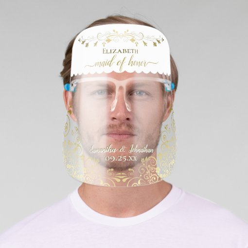 Elegant Gold and White Maid of Honor Wedding Face Shield | Zazzle