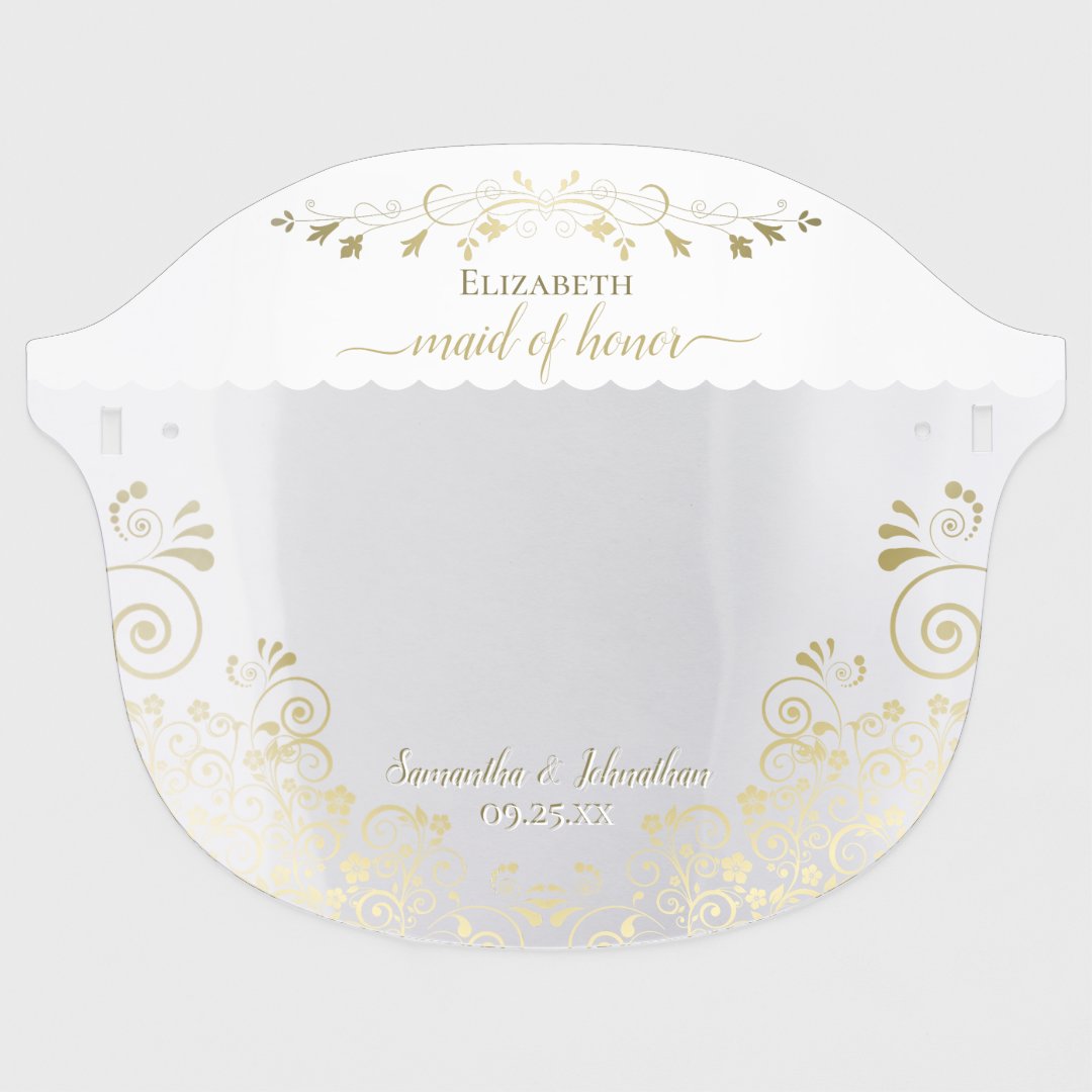 Elegant Gold and White Maid of Honor Wedding Face Shield | Zazzle