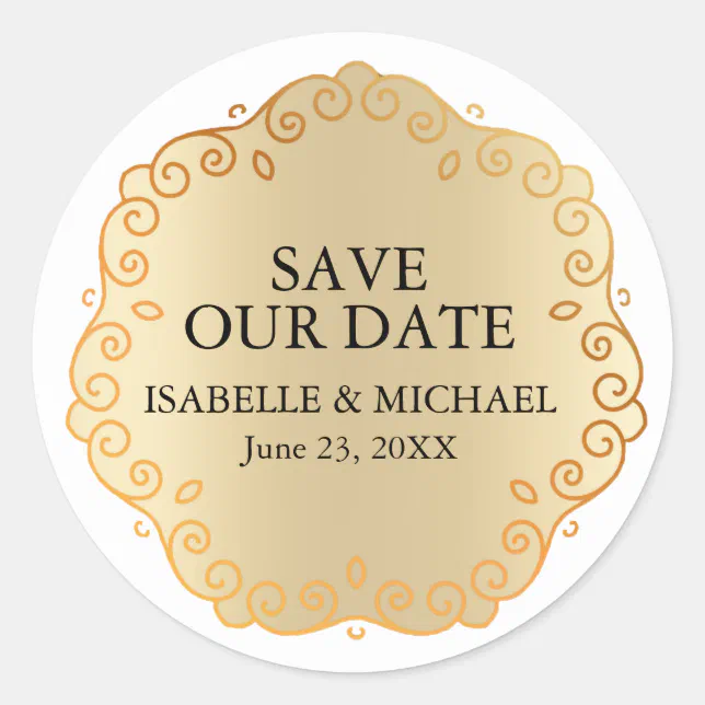 Elegant Gold and White Save Our Date Classic Round Sticker | Zazzle