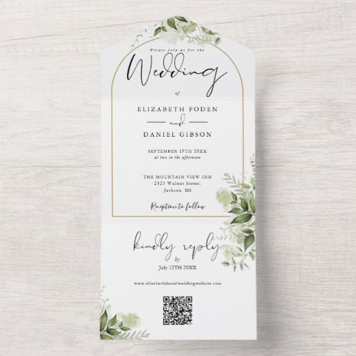 Elegant Gold Arch Greenery Floral QR Code Wedding All In One Invitation ...