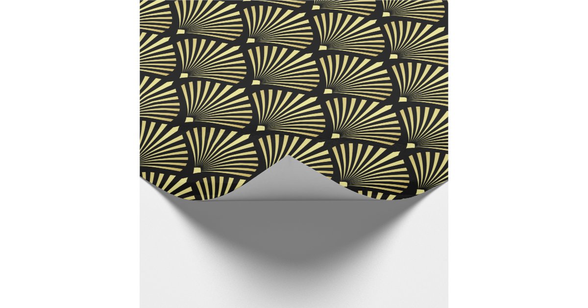 Elegant Gold Art Deco Fan Pattern on Black Wrapping Paper | Zazzle