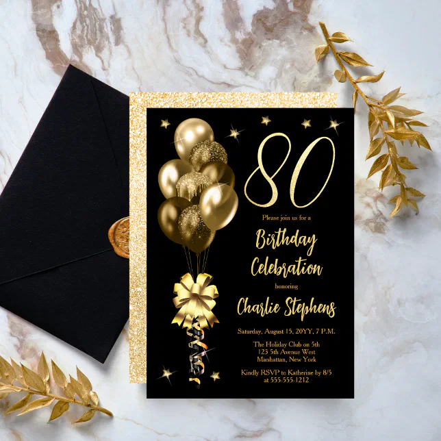 Elegant Gold Balloons on Black 80th Birthday Party Invitation | Zazzle