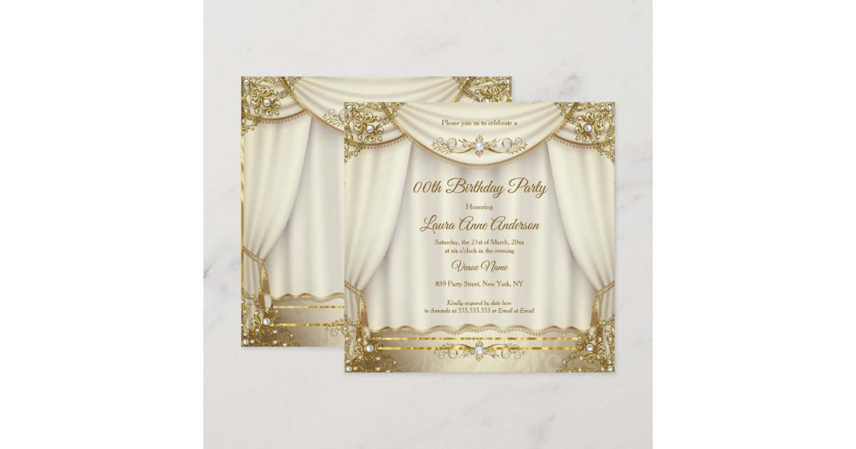 Elegant Gold Beige Cream Pearl Drapes Birthday Invitation | Zazzle