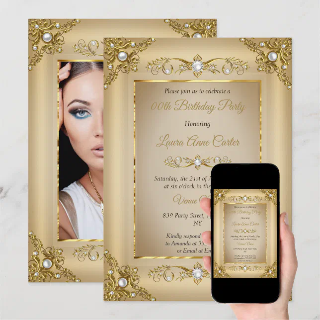 Elegant Gold Beige Pearl Photo Birthday Party Invitation | Zazzle