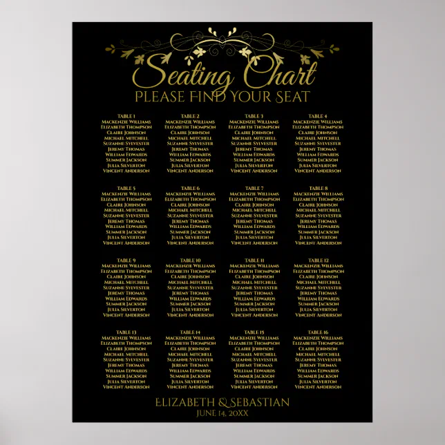 Elegant Gold Black 16 Table Wedding Seating Chart | Zazzle