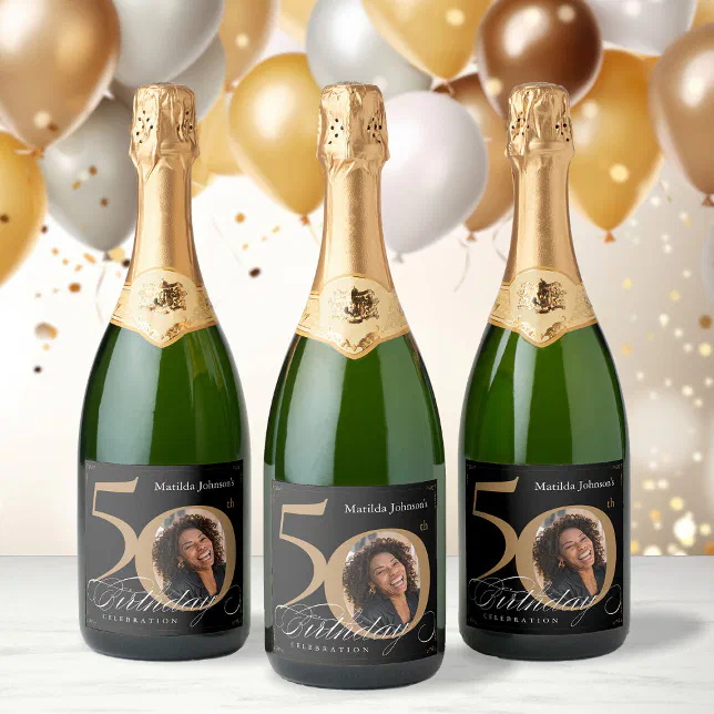 Elegant Gold Black 50th Birthday Custom Photo Sparkling Wine Label | Zazzle