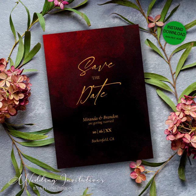 Elegant Gold Black and Red Wedding Save The Date | Zazzle