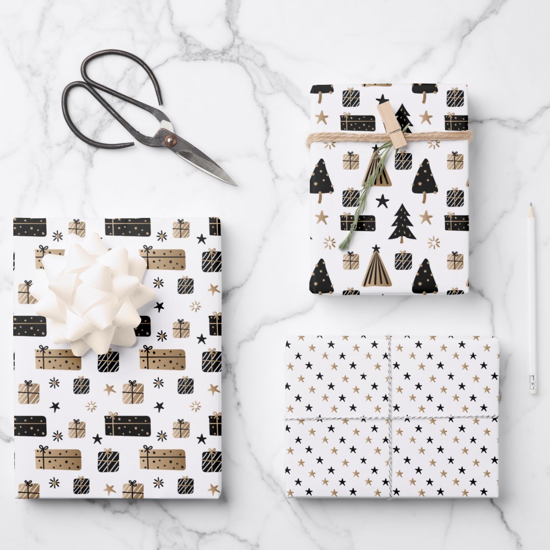 Elegant Gold, Black And White Modern Christmas Wrapping Paper Sheets ...