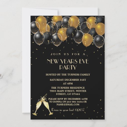 Elegant Gold Black Balloons New Year Party Invitation | Zazzle