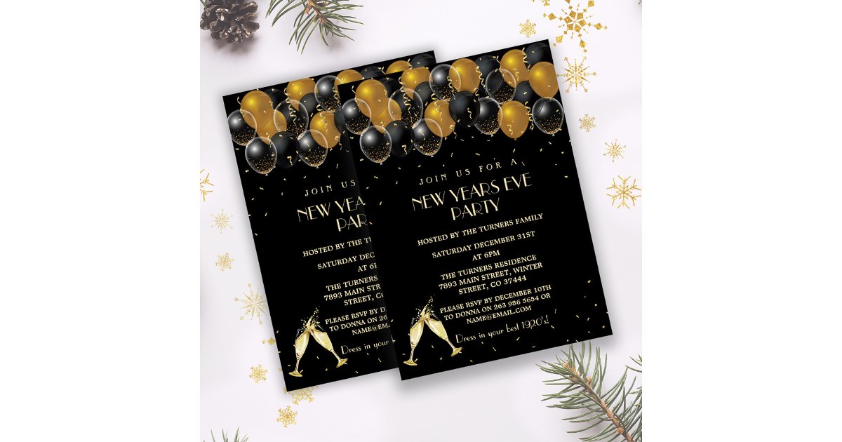 Elegant Gold Black Balloons New Year Party Invitation | Zazzle
