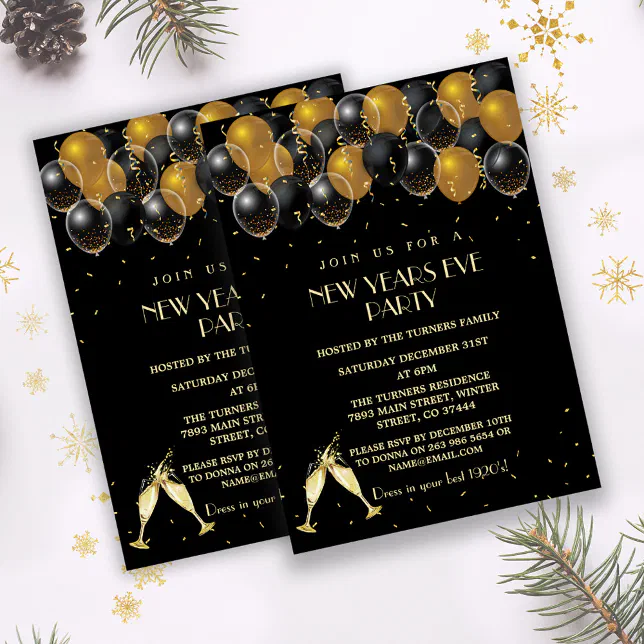 Elegant Gold Black Balloons New Year Party Invitation | Zazzle