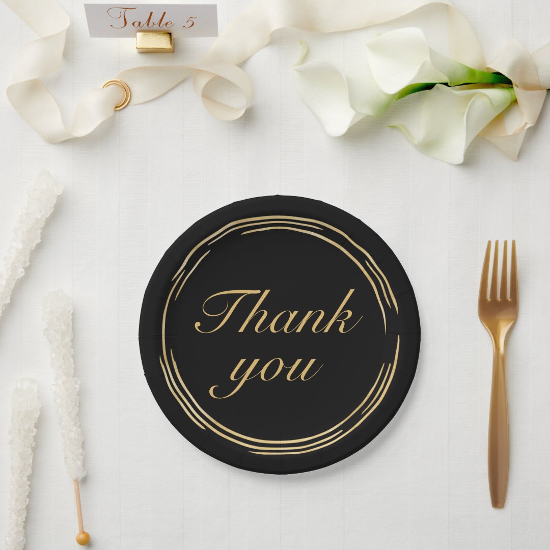 Elegant Gold Black Birthday Party Thank You Paper Plates | Zazzle