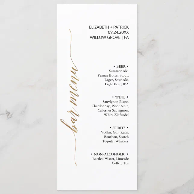 Elegant Gold & Black Calligraphy Bar Menu Card | Zazzle