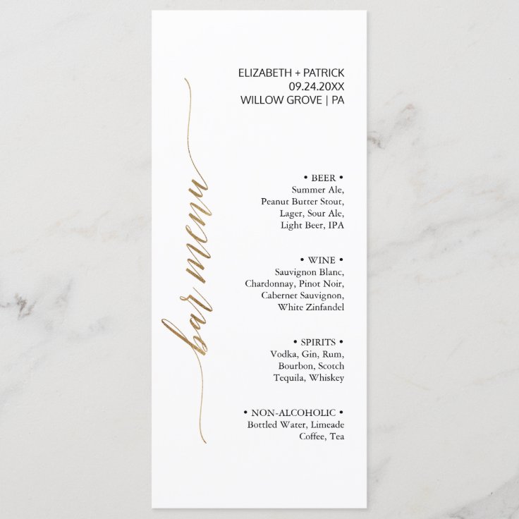 Elegant Gold & Black Calligraphy Bar Menu Card | Zazzle