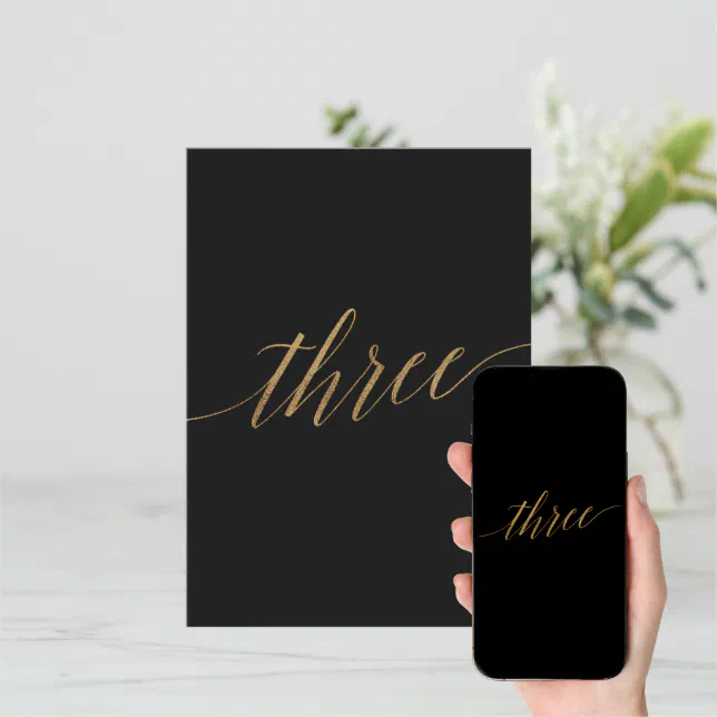 Elegant Gold Black Calligraphy Table Number Three | Zazzle