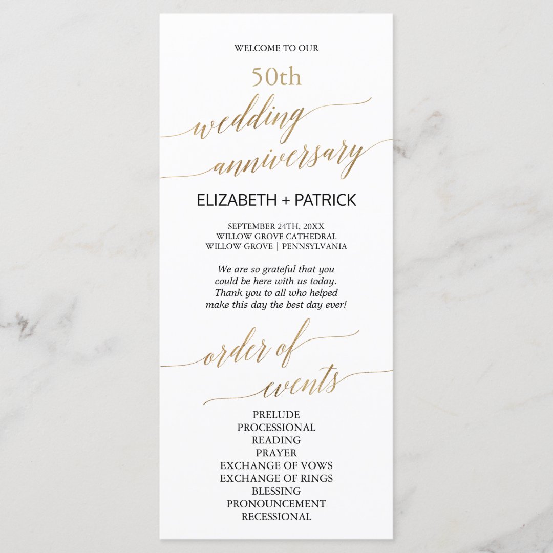 Elegant Gold Black Calligraphy Wedding Anniversary Program | Zazzle