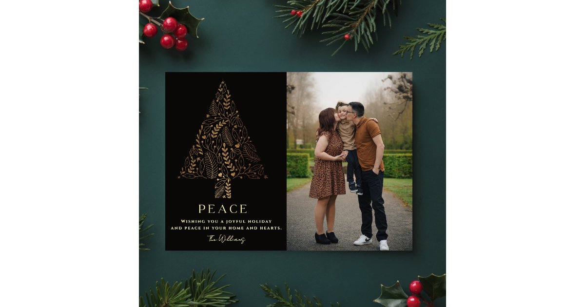 Elegant Gold & Black Family Tree Christmas Photo Holiday Card | Zazzle
