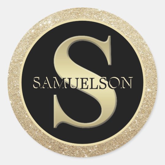 Elegant Gold Black Glitter Letter 'S' Monogram Classic Round Sticker ...